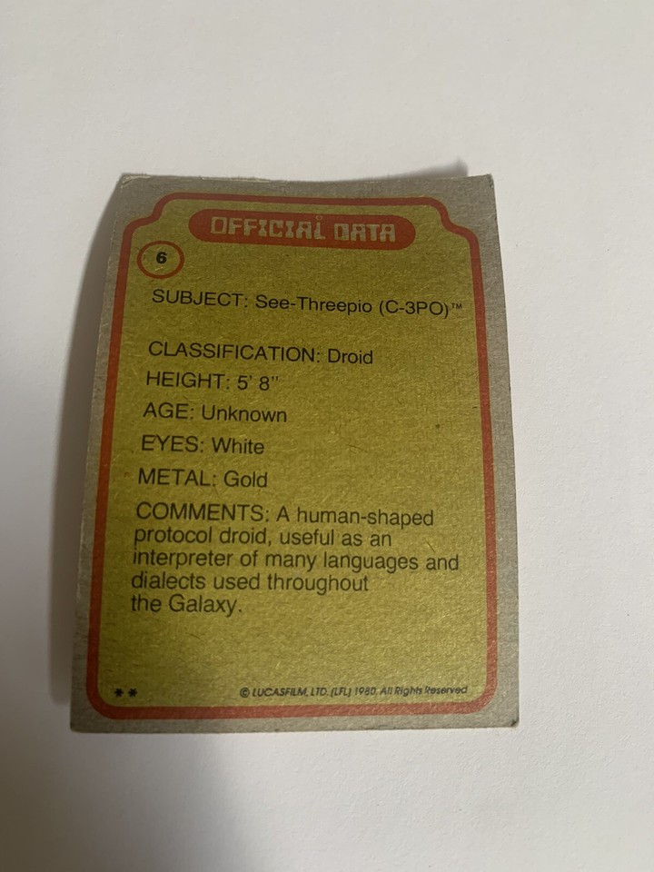 Ultra Rare! 1977 Star Wars C-3PO Trading Rookie Card’s. | eBay