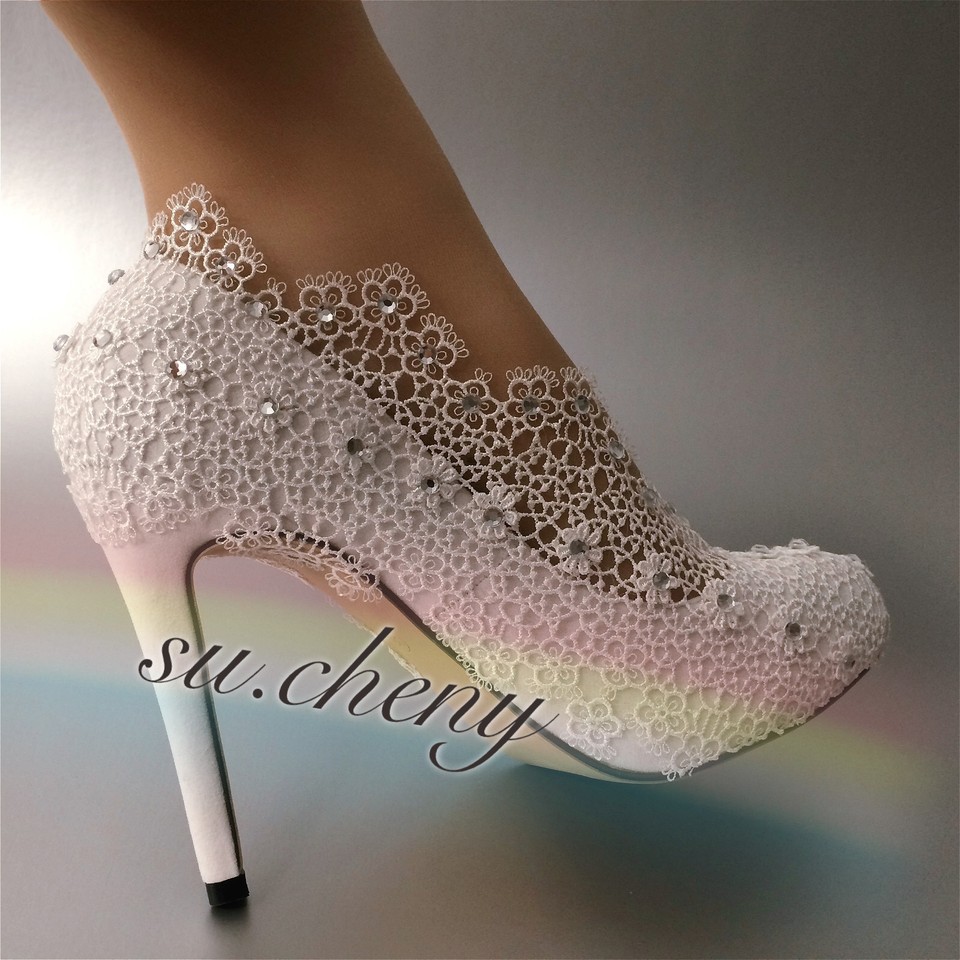su.cheny White 4" heel platform rhinestone lace Wedding Bridal shoes ...