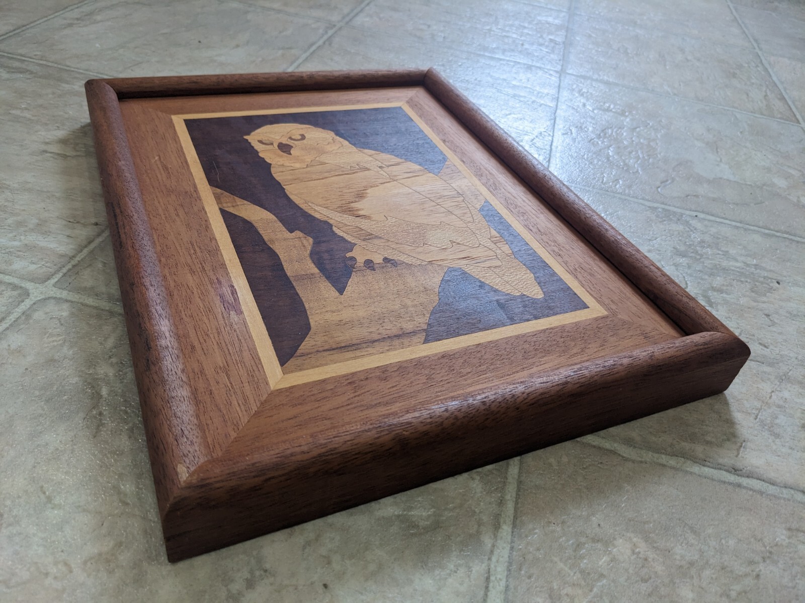 Vintage Owl Wood Inlay Marquetry Picture Handmade Craftsman Framed Folk ...