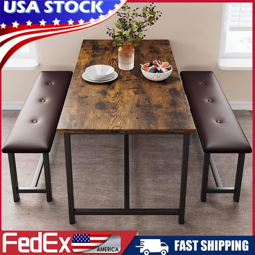 Dining Set Table and 2 Upholstered Bench Wood Top Breakfast Dinette for ...