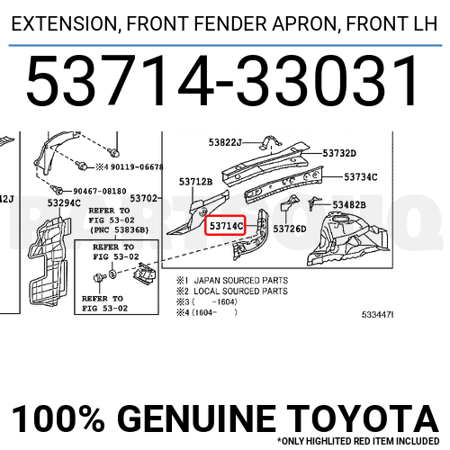 5371433031 Genuine Toyota EXTENSION, FRONT FENDER APRON, FRONT LH 53714 ...