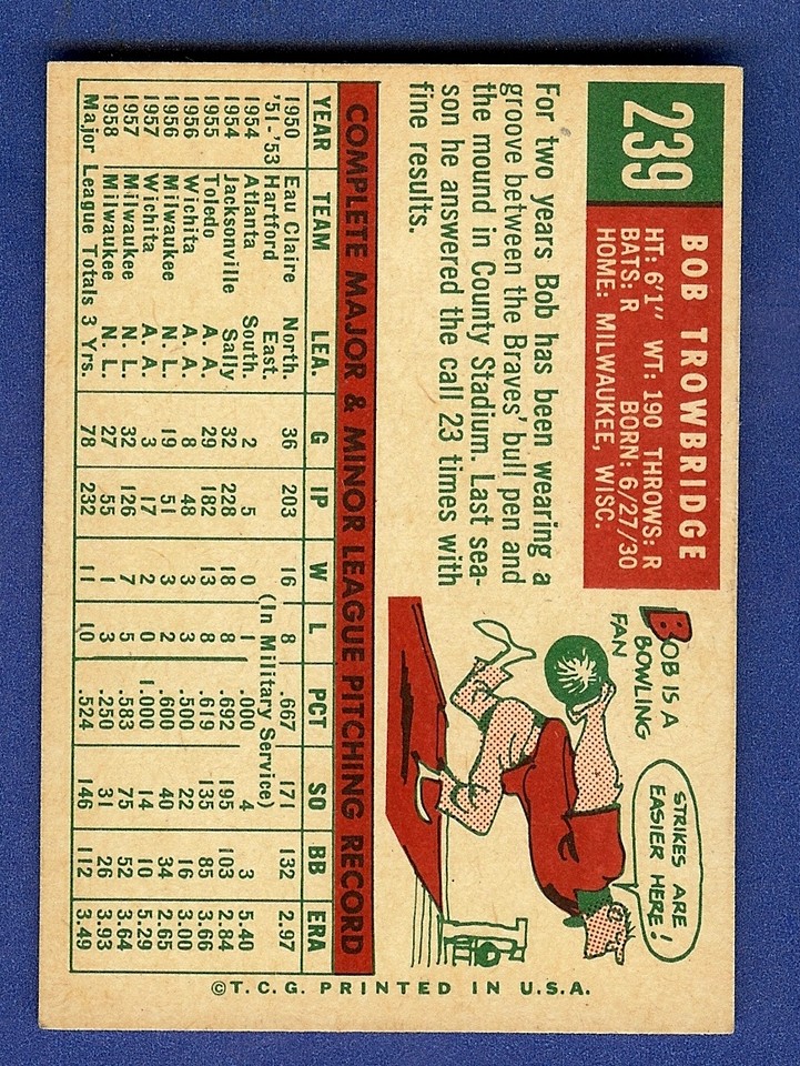1959 Topps Baseball Bob Trowbridge #239 Milwaukee Braves NR-MT | eBay