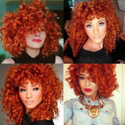 Women Short Fiber Orange Afro Big Bouncy Wave Wigs with Bang Natural ...