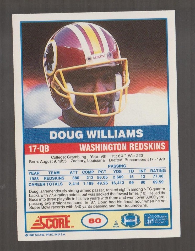1989 Score Doug Williams Washington Redskins #80 Near Mint or Better | eBay