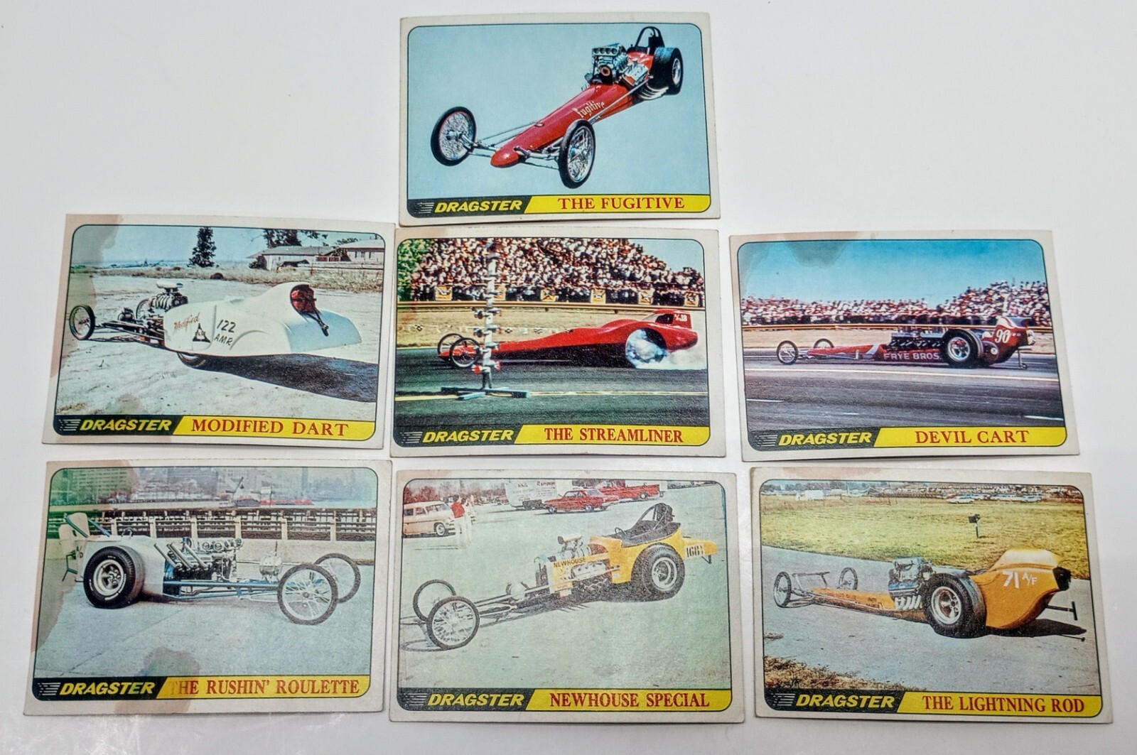 7 Vintage 1968 Topps Dragster Trading Cards Fugitive Devil Cart Rushin ...