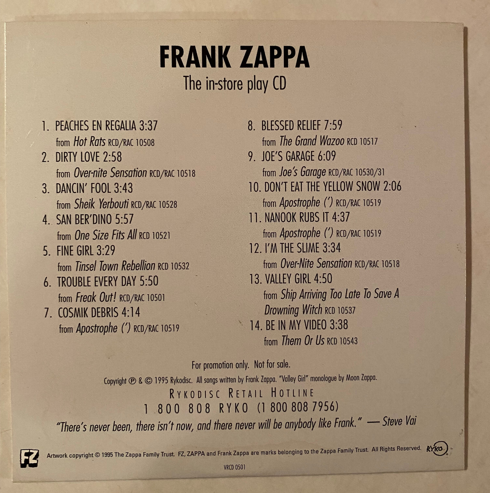 FRANK ZAPPA Clean American Version promo only sampler Rykodisc CD | eBay