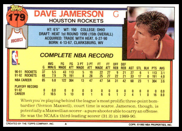 1992 Topps #179 Dave Jamerson Houston Rockets | eBay