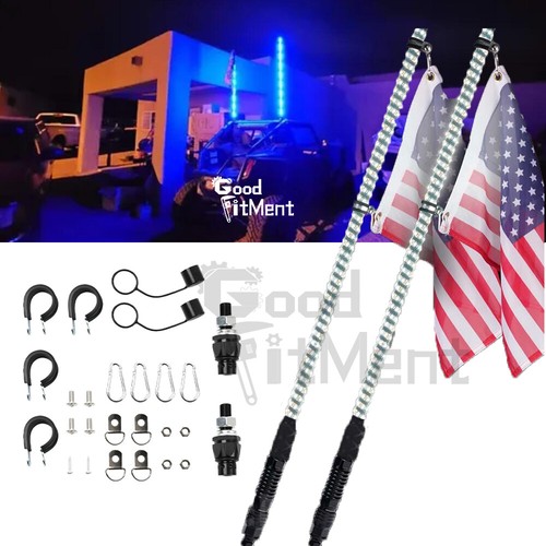 2PC COB Spiral RGB 3ft LED Lighted Whip Antenna W/4 Flag For ATV UTV ...