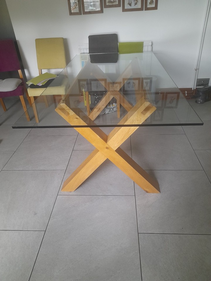 Dining Table With Glass Top And Wooden Crossed Base. TABLE ONLY, NO ...