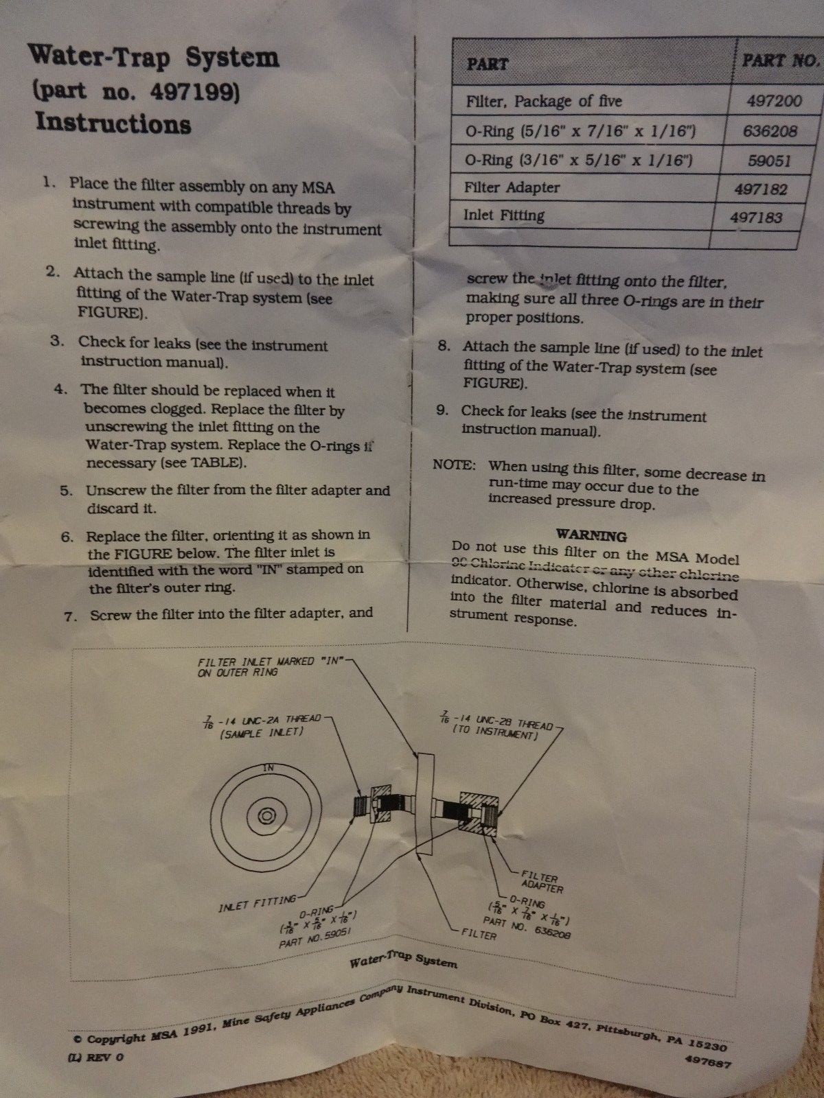 MSA WATER-TRAP SYSTEM # 497199 FOR MAS GASCOPE COMBUSTIBLE GAS ...