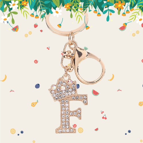 Rhinestone Studded Alphabet F Keychain with Crown for Gifts Purse ...