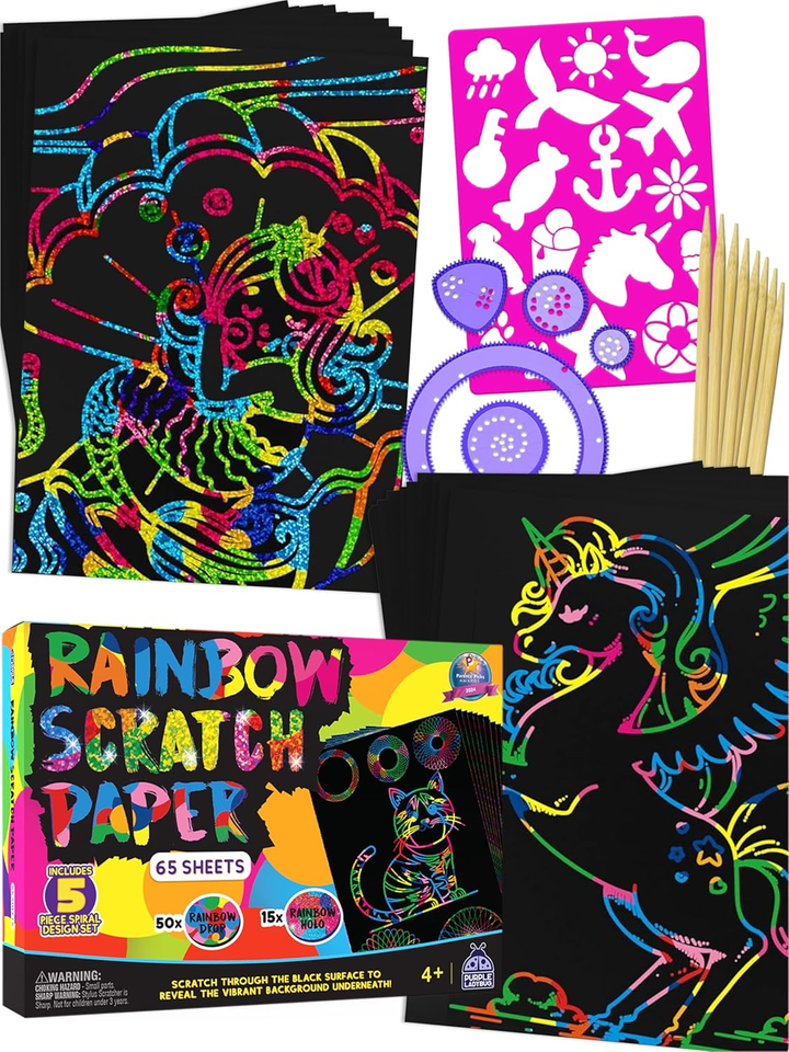 PURPLE LADYBUG Rainbow Scratch Art Paper, 79 PCS Creative Drawing Paper ...