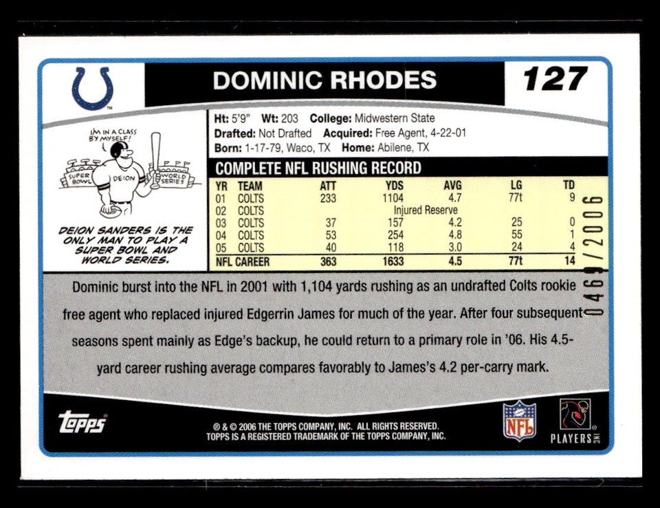 2006 Topps #127 Dominic Rhodes Gold #/2006 | eBay
