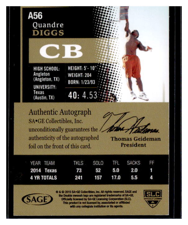 Quandre Diggs 2015 SAGE HIT A56 AU Autographs Red Auto | eBay