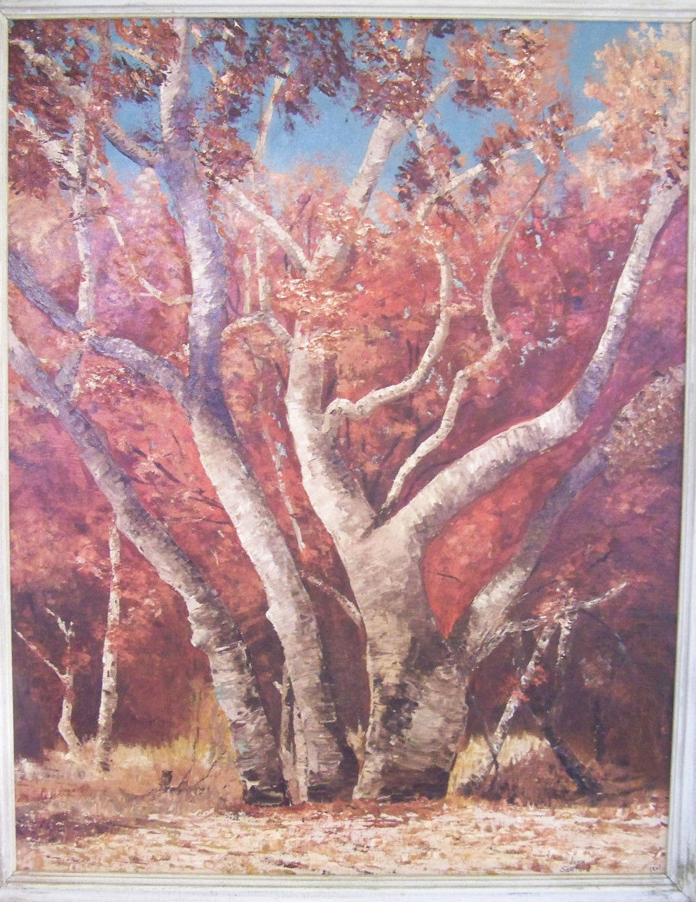 '60s MID CENTURY MOD IMPRESSIONISTIC OIL PAINTING of FALL OAK TREES ...