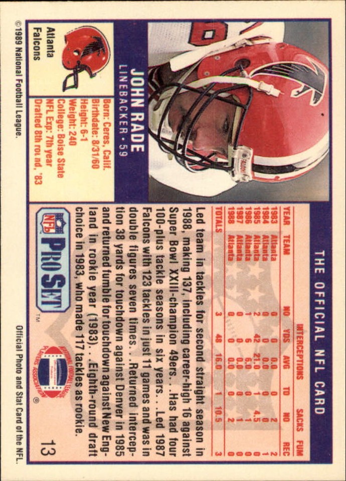 1989 Pro Set Football Card #13 John Rade | eBay