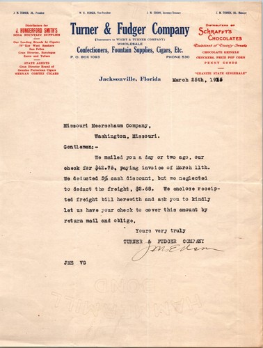 Turner & Fudger Jacksonville FL 1915 Letterhead Confectioners Fountain ...