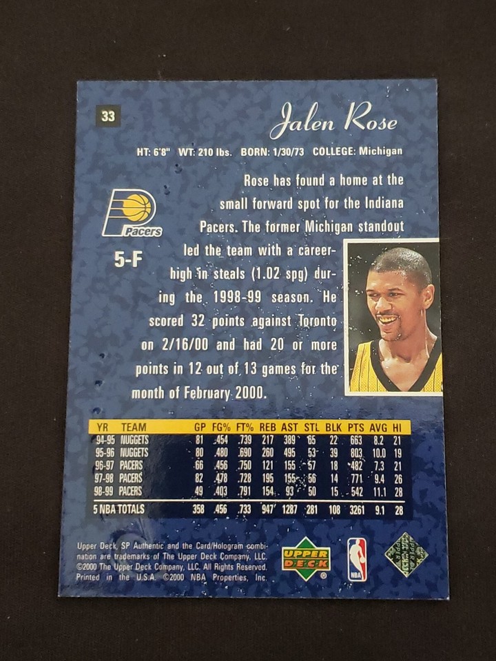 1999-00 UPPER DECK # SP AUTHENTIC # 33 JALEN ROSE BASKETBALL CARD | eBay