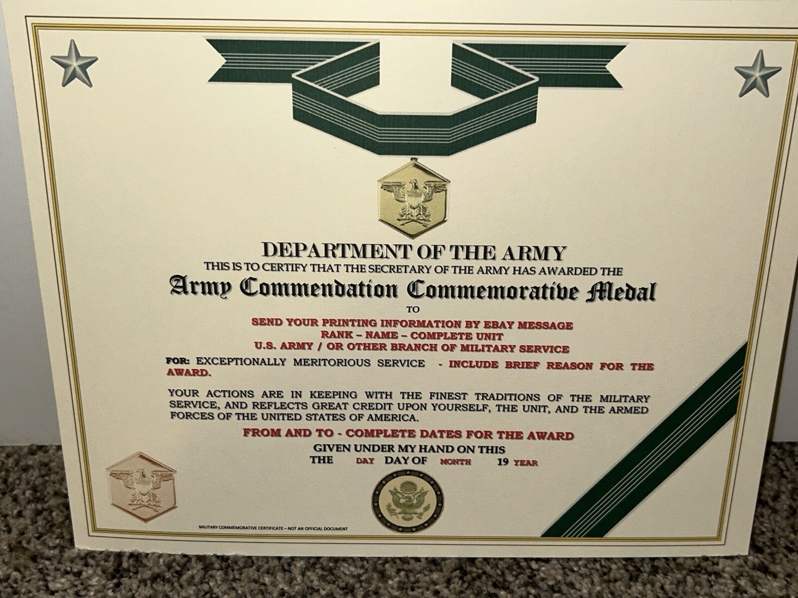 ARMY COMMENDATION MEDAL COMMEMORATIVE CERTIFICATE ~ TYPE-2 w/PRINTING ...