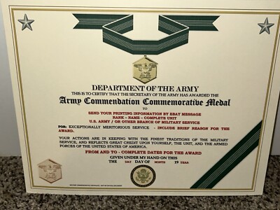 ARMY COMMENDATION MEDAL COMMEMORATIVE CERTIFICATE ~ TYPE-2 w/PRINTING ...