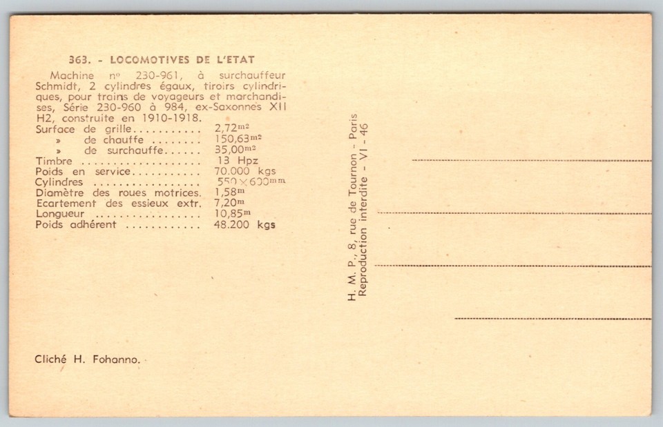 French Railroad RPPC* Postcard "Machine No. 230-961" #363 c1943-46 HMP ...