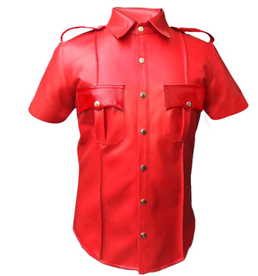 Mens Real Red Soft Leather Police Uniform Style Shirt with Button Snap ...