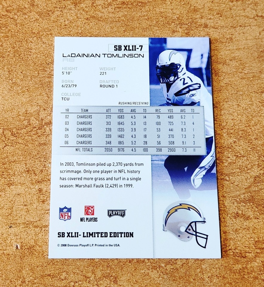 Super Bowl 42 LaDainian Tomlinson Playoff Card SB-XLII Limited Edition ...