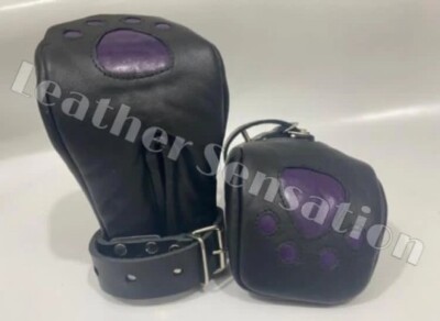 Genuine Leather Bondage Locking Padded Paw Mitts Gloves With Purple Paw ...