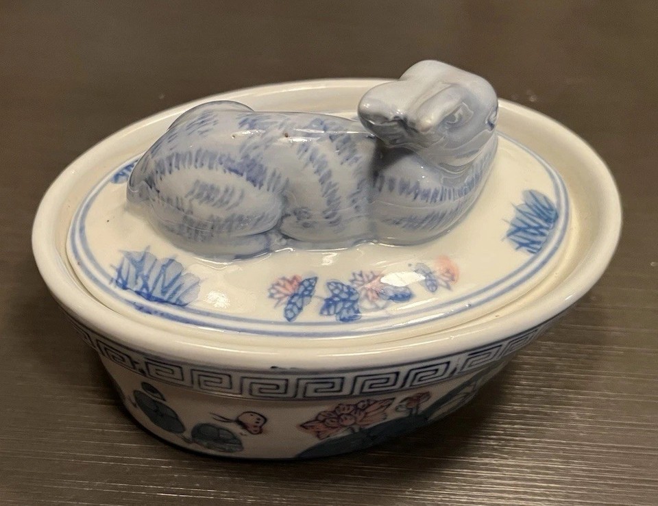 VTG Bunny Rabbit Ceramic Butter Dish Cheese Crock Trinket Box w/ LID ...