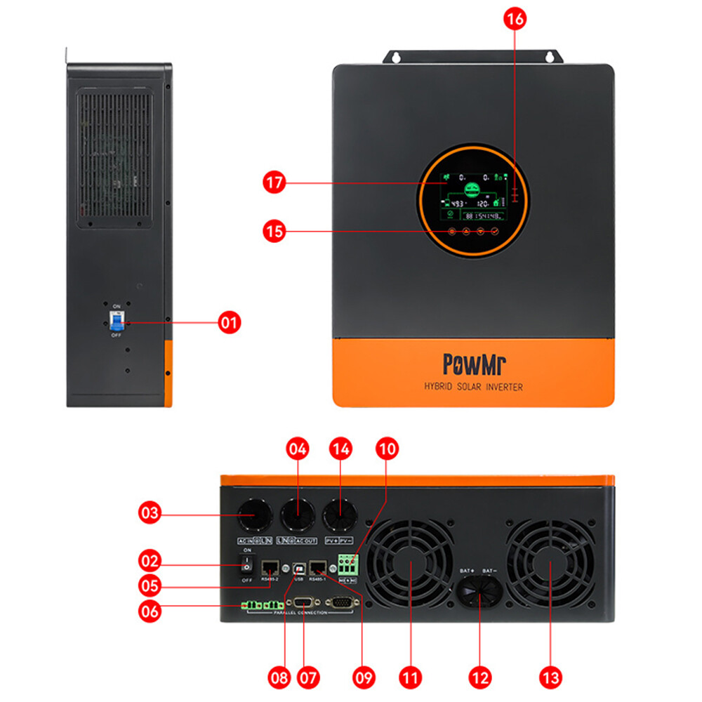 PowMr 5200W 48V Hybrid Solar Inverter 110V/120V/208V/240VAC 100A MPPT ...