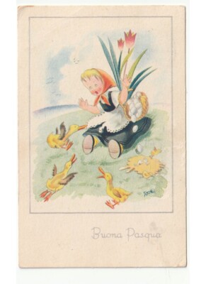 1957 G. Galbi Little Girl Duck Basket Eggs Chicks Card Vintage Happy ...