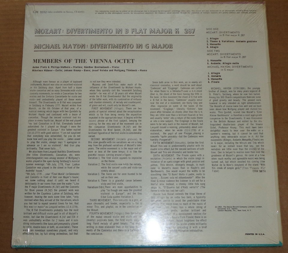 Vienna Octet MOZART Divertimento K.287 - London CM 9352 SEALED | eBay