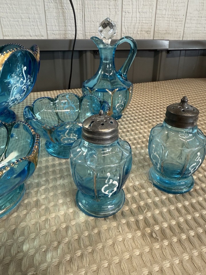 Antique Northwood Blue Opalescent Glass Berry Bowl Set, Gold Trim ...