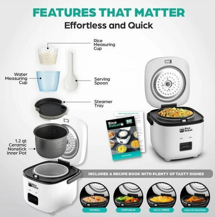 Rice Robot 4 Cup White Space Saving Rice Cooker with Ceramic Nonstick ...