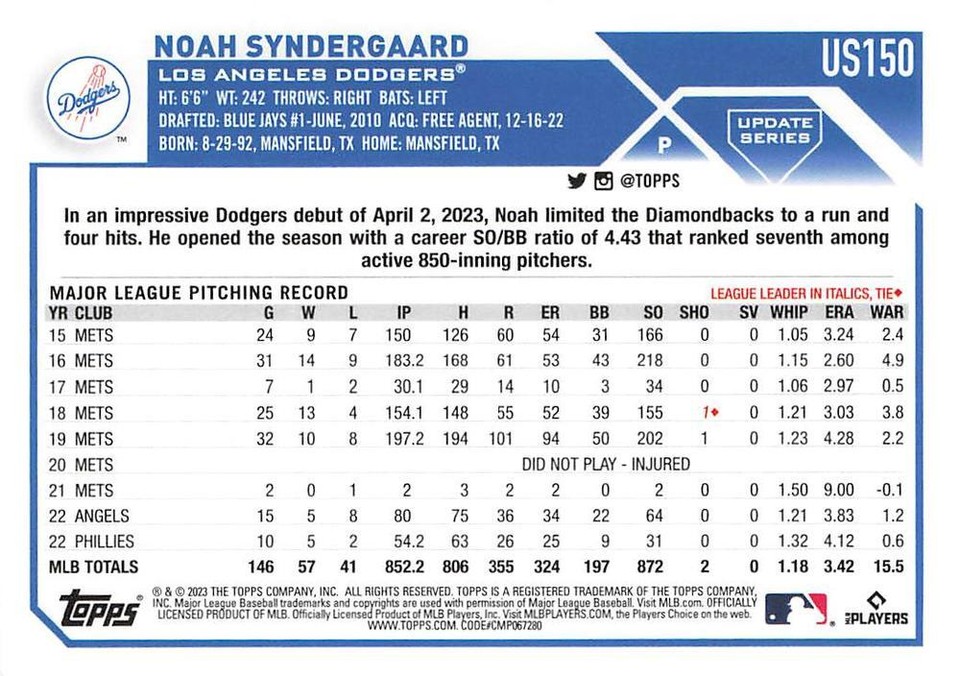 2023 Topps Update #US150 Noah Syndergaard Team: Los Angeles Dodgers | eBay