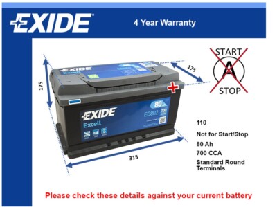 Car Battery EB802 Exide 110 700A 80Ah 4Yr Warranty 315x175x175 Excell ...