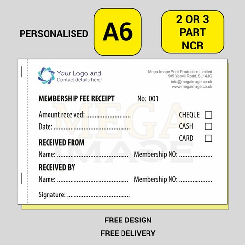 MEMBERSHIP FEE RECEIPT A6 PERSONALISED PRINTED NCR, DUPLICATE OR ...