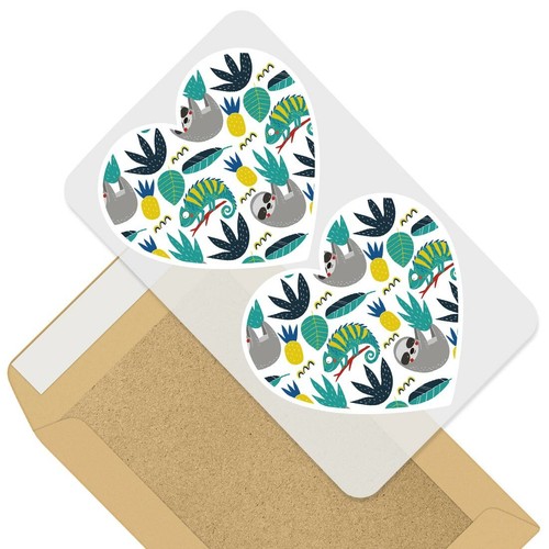 2 x Heart Stickers 10 cm - Jungle Sloths Chameleon Reptile Pattern ...