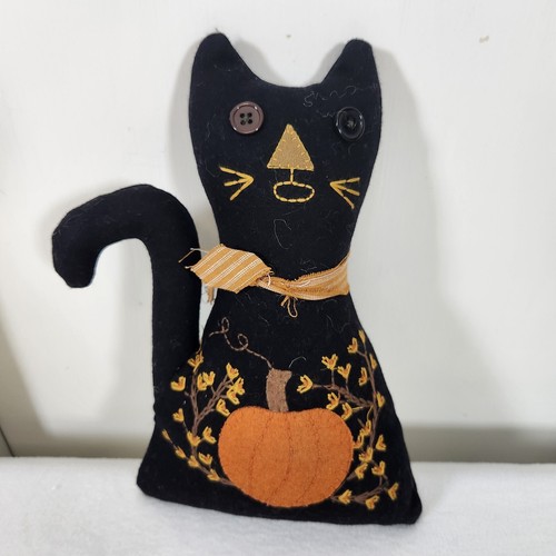 Vintage Primitive Look Stuffed Black Fabric Cat Embroidered Pumpkin ...