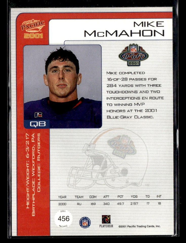 2001 Pacific #456 Mike McMahon #/1000 auto card Rutgers Scarlet Knights ...