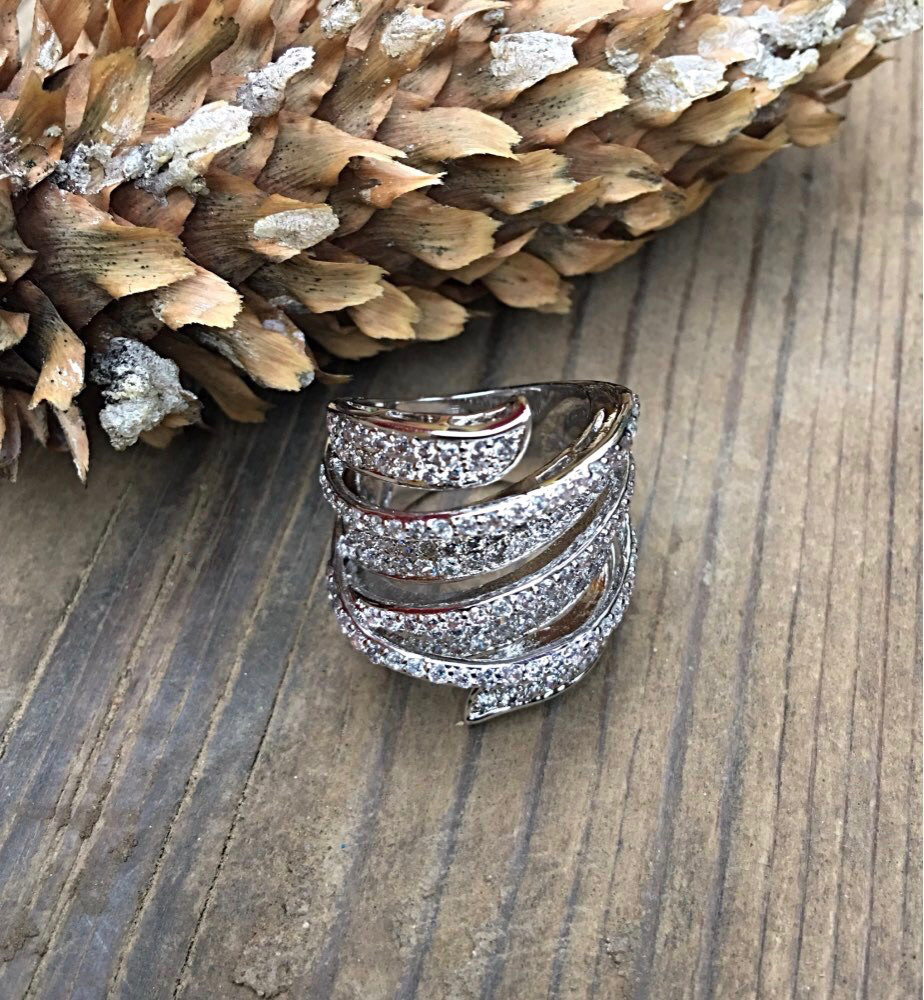 18k White Gold Plated Big Bold Long Ring made w Swarovski Crystal Index ...