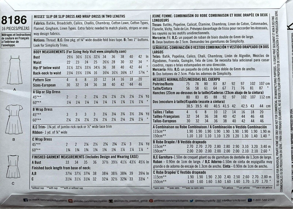 Simplicity 8186 Misses Slip Dress/Wrap Dress in 2 Lengths Szs 4-12 ...