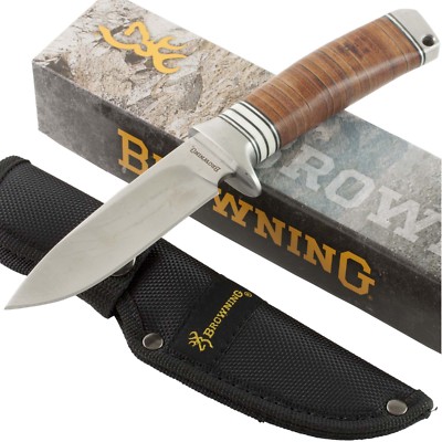 Browning Stacked Leather Handles Fixed Blade Hunting Knife BR814 Sheath ...