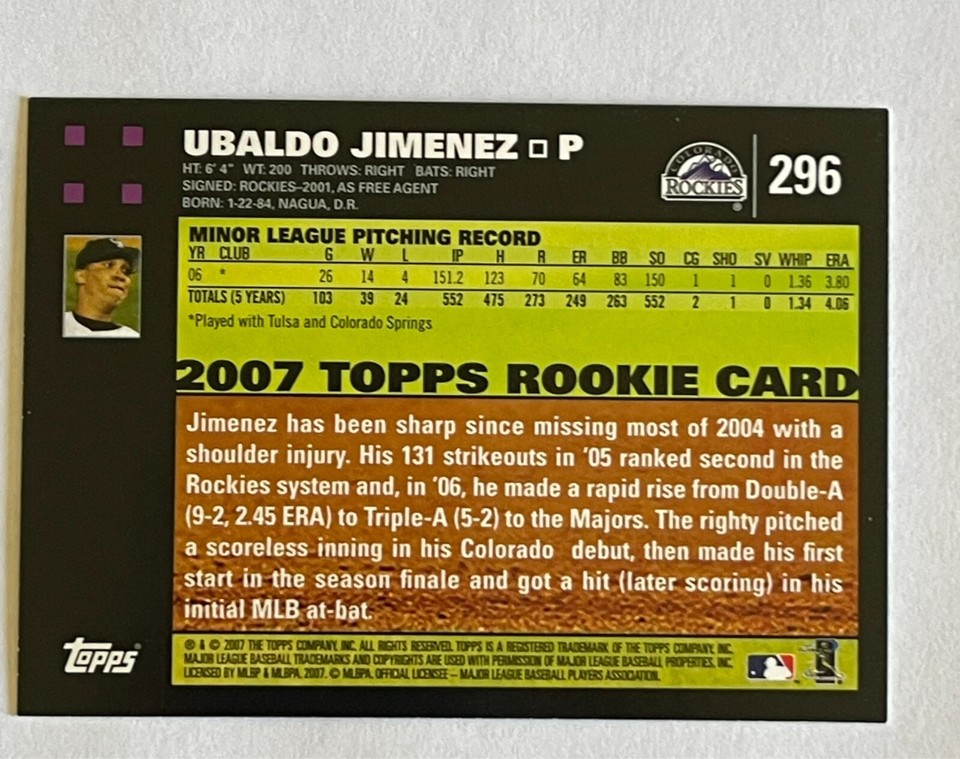 2007 TOPPS UBALDO JIMENEZ #296 ROOKIE PITCHER COLORADO ROCKIES BASEBALL ...