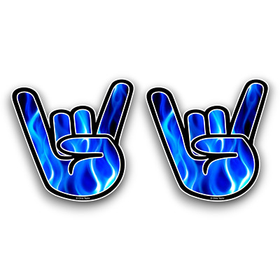 2x Cool Blue Fire Flames Rock On Hand Sign Vinyl Car Sticker Decals ...