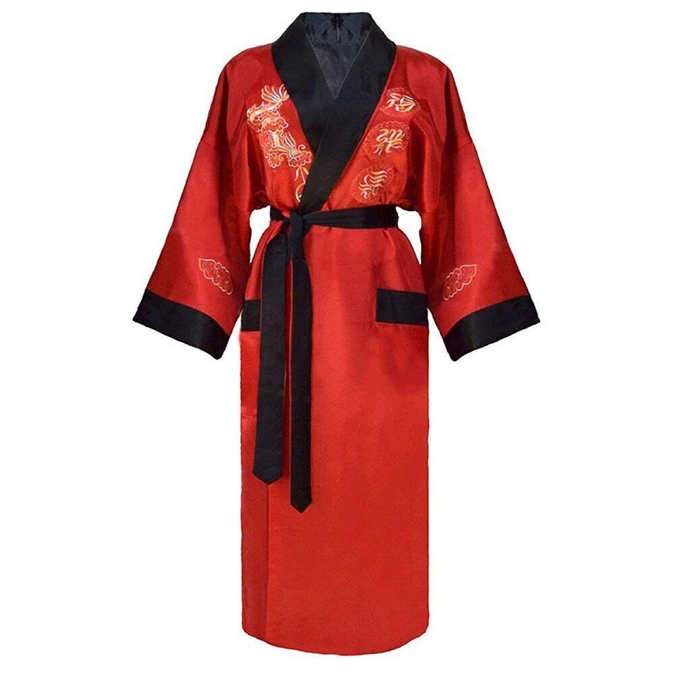 Men's double-sided satin robe embroidered dragon kimono bathrobe ...