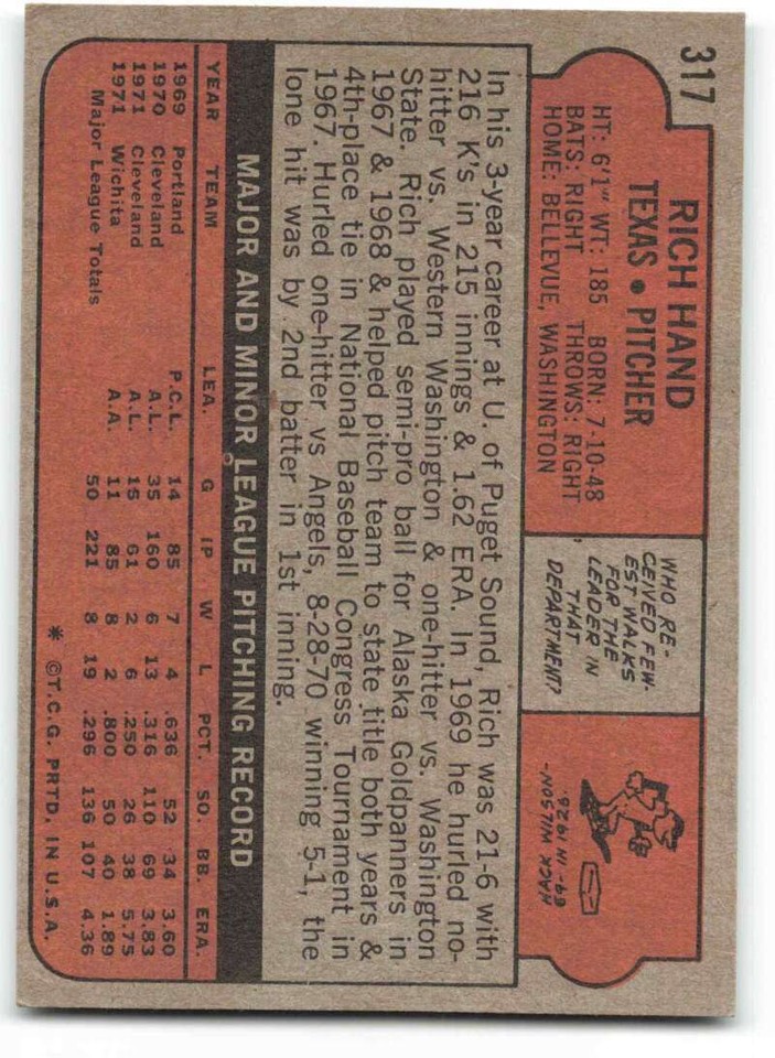 1972 Topps #317 Rich Hand EX/NM Rangers ID:276243 | eBay
