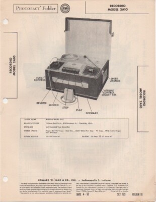 1952 RECORDIO 2a10 reel to reel tape recorder SERVICE MANUAL PHOTOFACT ...