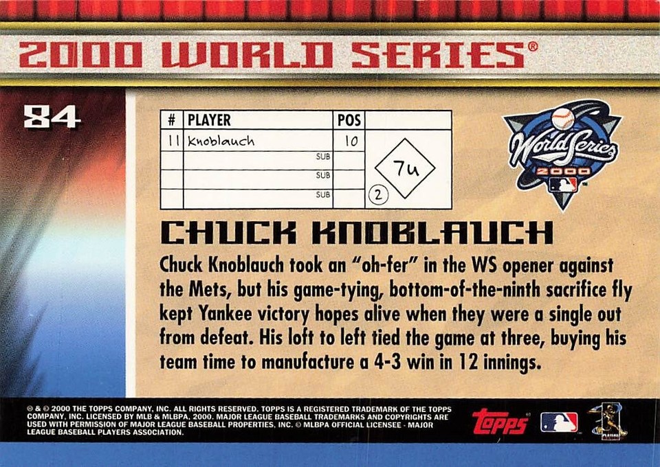 Chuck Knoblauch Subway Series Topps 2000 Baseball Card #84 | eBay