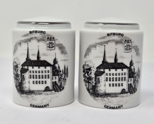 Bitburg Germany Salt & Pepper Shakers Pots Porcelain Souvenir Castle 2 ...